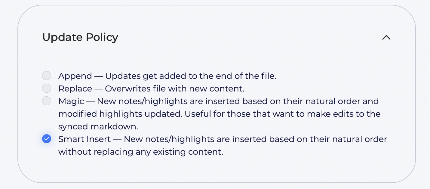 Setting your desired update policy. Update, Append, Magic or Smart ...
